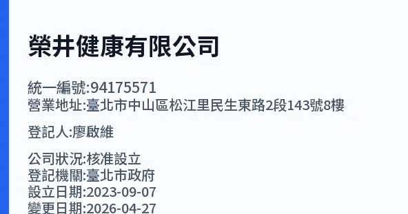 榮井健康有限公司的照片-統編 94175571(臺北市) 公司登記資料與營業項目詳細圖表