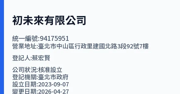 初未來有限公司的照片-統編 94175951(臺北市) 公司登記資料與營業項目詳細圖表
