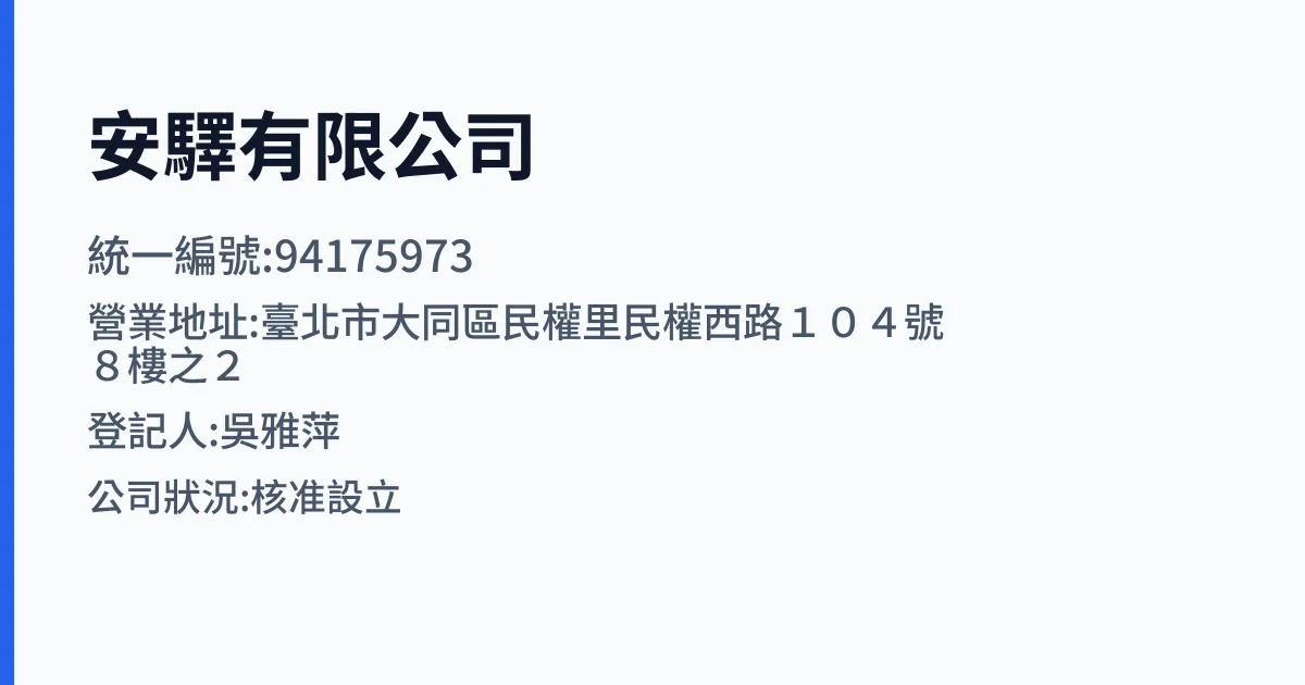 安驛有限公司 - 統編 94175973(臺北市) 公司登記資料與營業項目詳細圖表