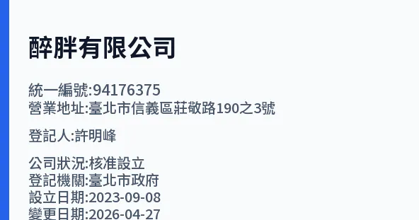 醉胖有限公司的照片-統編 94176375(臺北市) 公司登記資料與營業項目詳細圖表