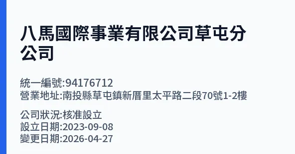 八馬國際事業有限公司草屯分公司的照片-統編 94176712(南投縣) 公司登記資料與營業項目詳細圖表