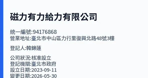 磁力有力給力有限公司的照片-統編 94176868(臺北市) 公司登記資料與營業項目詳細圖表