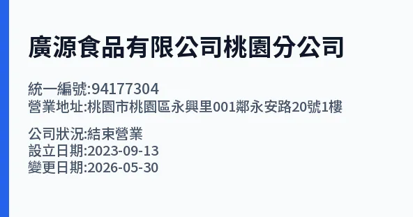 廣源食品有限公司桃園分公司的照片-統編 94177304(桃園市) 公司登記資料與營業項目詳細圖表