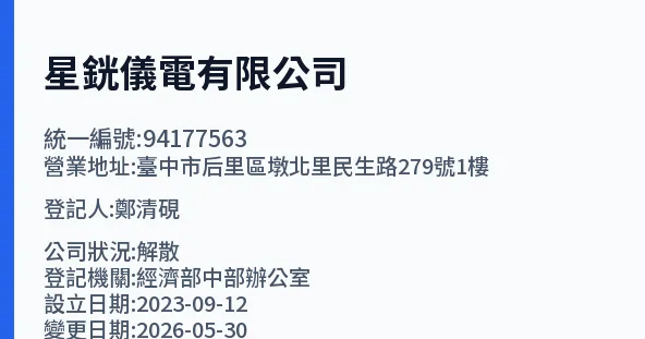 星銧儀電有限公司的照片-統編 94177563(臺中市) 公司登記資料與營業項目詳細圖表