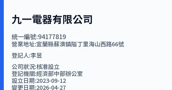 九一電器有限公司的照片-統編 94177819(宜蘭縣) 公司登記資料與營業項目詳細圖表
