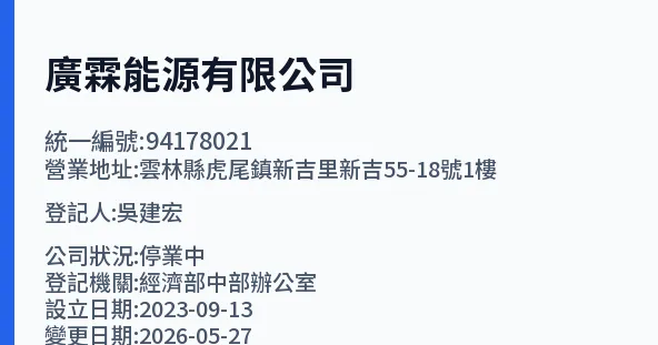 廣霖能源有限公司的照片-統編 94178021(雲林縣) 公司登記資料與營業項目詳細圖表