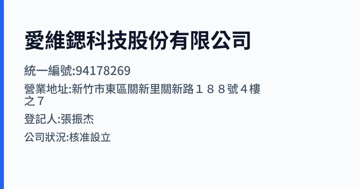 愛維鍶科技股份有限公司 - 統編 94178269(新竹市) 公司登記資料與營業項目詳細圖表