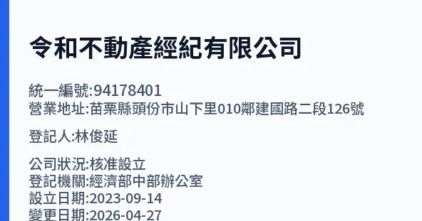令和不動產經紀有限公司的照片-統編 94178401(苗栗縣) 公司登記資料與營業項目詳細圖表