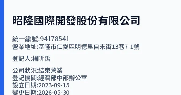 昭隆國際開發股份有限公司的照片-統編 94178541(基隆市) 公司登記資料與營業項目詳細圖表