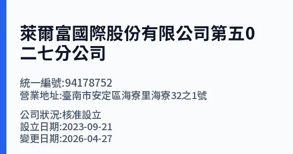 萊爾富國際股份有限公司第五0二七分公司的照片-統編 94178752(臺南市) 公司登記資料與營業項目詳細圖表