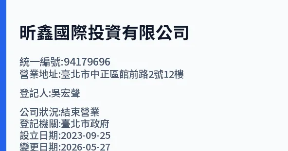 昕鑫國際投資有限公司的照片-統編 94179696(臺北市) 公司登記資料與營業項目詳細圖表