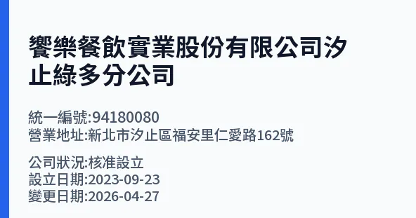 饗樂餐飲實業股份有限公司汐止綠多分公司的照片-統編 94180080(新北市) 公司登記資料與營業項目詳細圖表