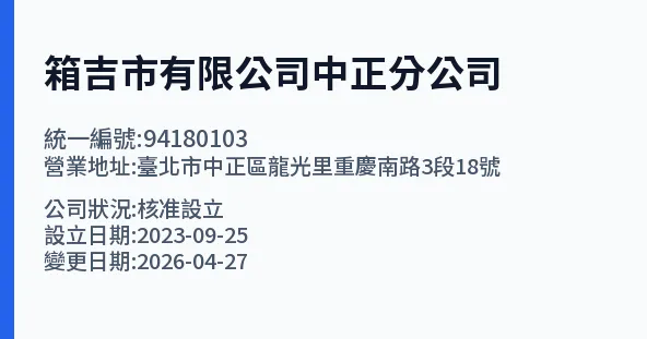 箱吉市有限公司中正分公司的照片-統編 94180103(臺北市) 公司登記資料與營業項目詳細圖表