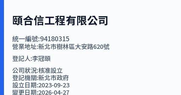 頤合信工程有限公司的照片-統編 94180315(新北市) 公司登記資料與營業項目詳細圖表