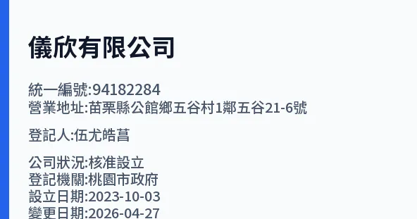 儀欣有限公司的照片-統編 94182284(苗栗縣) 公司登記資料與營業項目詳細圖表
