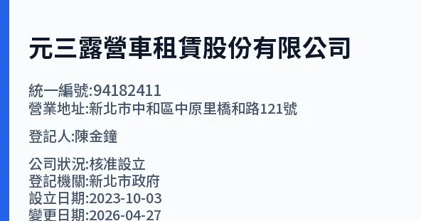 元三露營車租賃股份有限公司的照片-統編 94182411(新北市) 公司登記資料與營業項目詳細圖表