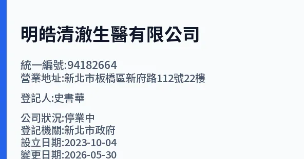 明皓清澈生醫有限公司的照片-統編 94182664(新北市) 公司登記資料與營業項目詳細圖表