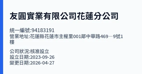 友圓實業有限公司花蓮分公司的照片-統編 94183191(花蓮縣) 公司登記資料與營業項目詳細圖表