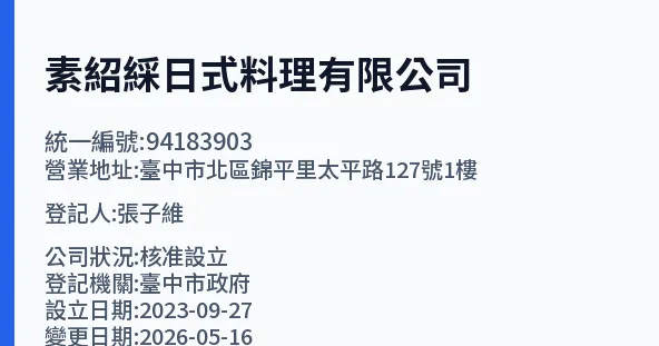 素紹綵日式料理有限公司的照片-統編 94183903(臺中市) 公司登記資料與營業項目詳細圖表