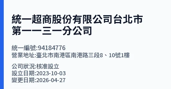 統一超商股份有限公司台北市第一一三一分公司的照片-統編 94184776(臺北市) 公司登記資料與營業項目詳細圖表
