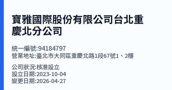 寶雅國際股份有限公司台北重慶北分公司的照片-統編 94184797(臺北市) 公司登記資料與營業項目詳細圖表
