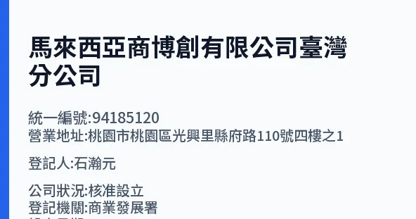 馬來西亞商博創有限公司臺灣分公司的照片-統編 94185120(桃園市) 公司登記資料與營業項目詳細圖表