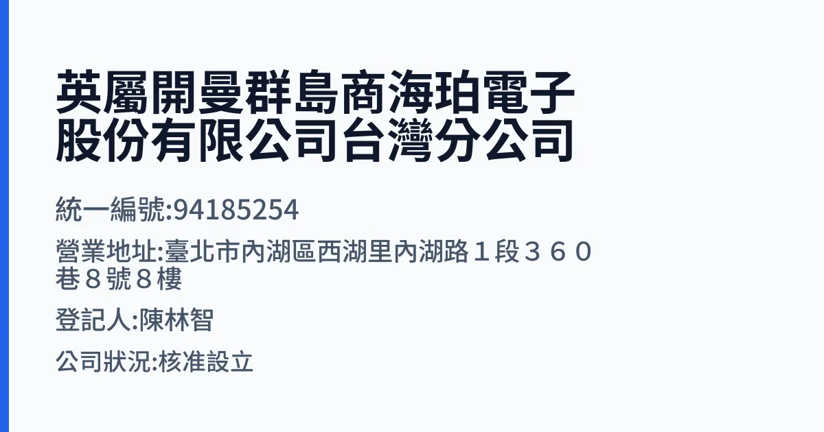 英屬開曼群島商海珀電子股份有限公司台灣分公司 - 統編 94185254(臺北市) 公司登記資料與營業項目詳細圖表