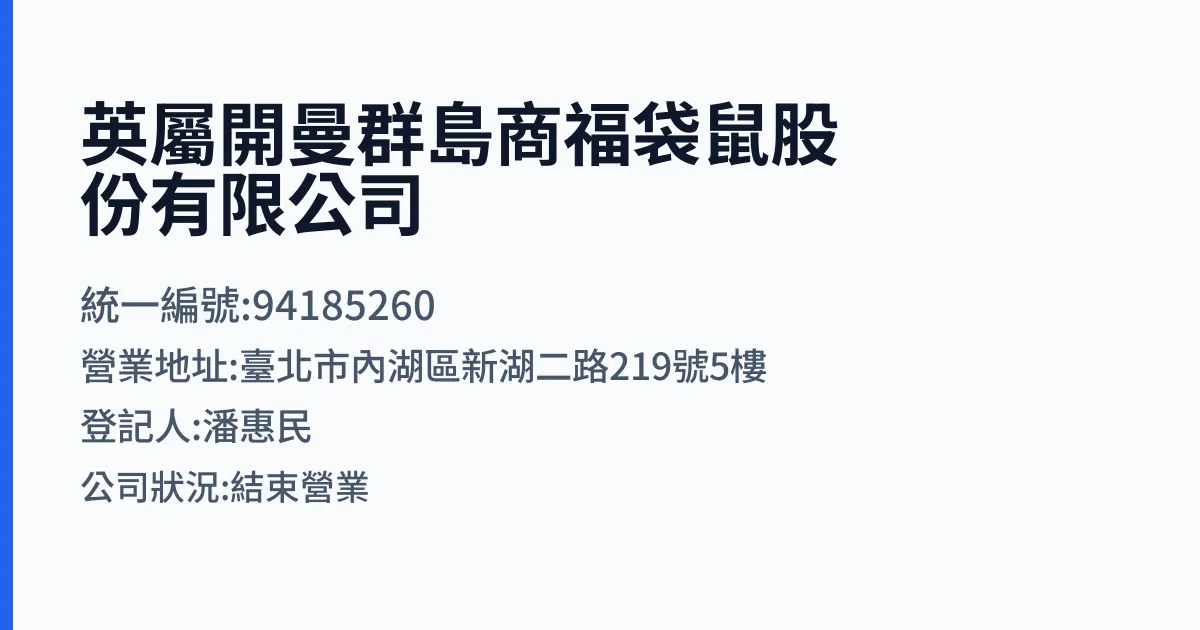英屬開曼群島商福袋鼠股份有限公司 - 統編 94185260(臺北市) 公司登記資料與營業項目詳細圖表