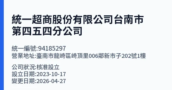 統一超商股份有限公司台南市第四五四分公司的照片-統編 94185297(臺南市) 公司登記資料與營業項目詳細圖表