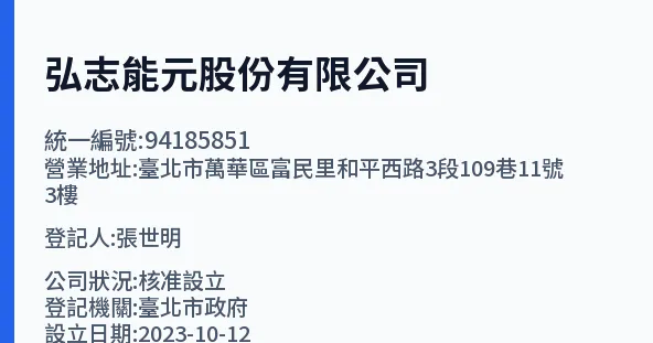 弘志能元股份有限公司的照片-統編 94185851(臺北市) 公司登記資料與營業項目詳細圖表
