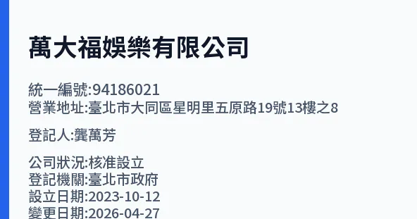 萬大福娛樂有限公司的照片-統編 94186021(臺北市) 公司登記資料與營業項目詳細圖表
