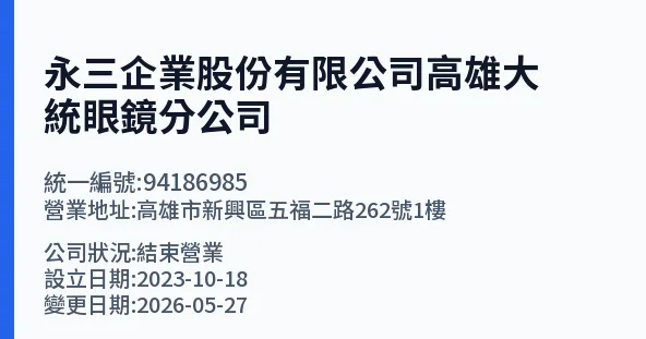 永三企業股份有限公司高雄大統眼鏡分公司的照片-統編 94186985(高雄市) 公司登記資料與營業項目詳細圖表