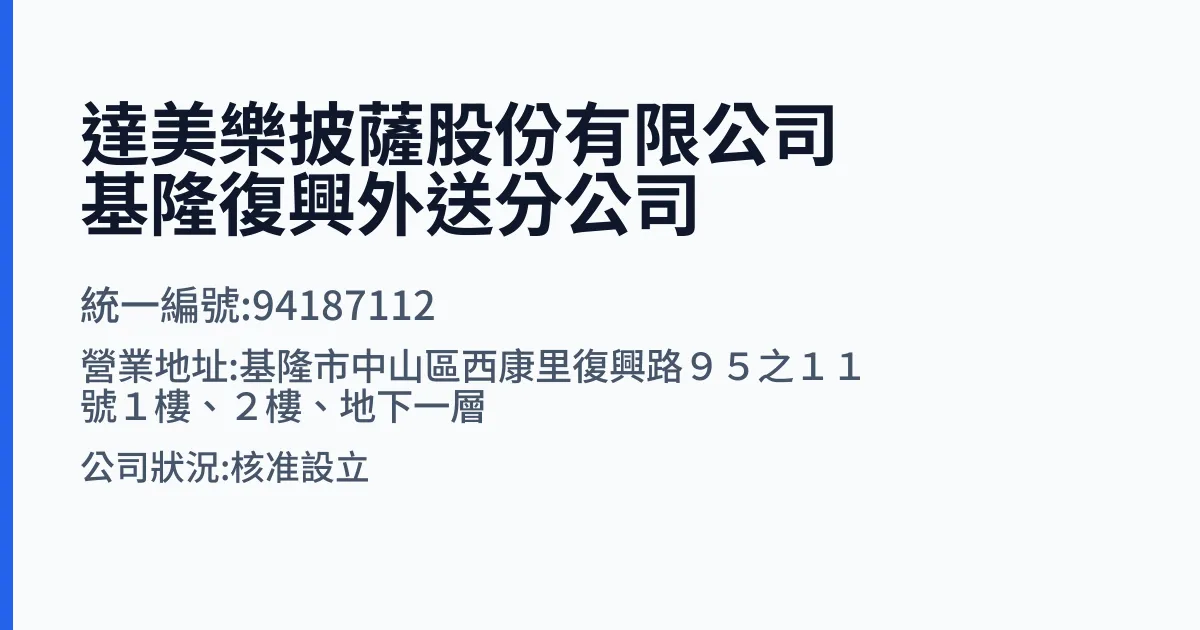 達美樂披薩股份有限公司基隆復興外送分公司 - 統編 94187112(基隆市) 公司登記資料與營業項目詳細圖表