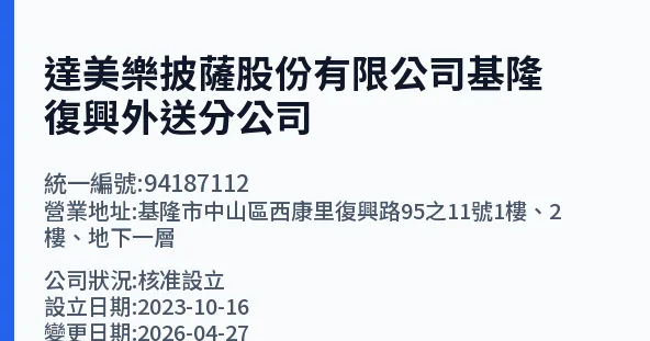 達美樂披薩股份有限公司基隆復興外送分公司的照片-統編 94187112(基隆市) 公司登記資料與營業項目詳細圖表