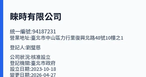 睞時有限公司的照片-統編 94187231(臺北市) 公司登記資料與營業項目詳細圖表