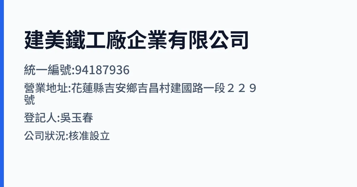 建美鐵工廠企業有限公司 - 統編 94187936(花蓮縣) 公司登記資料與營業項目詳細圖表