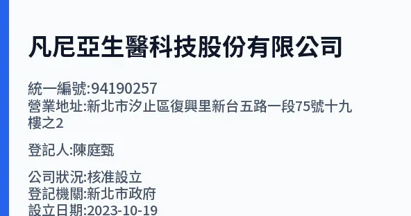 凡尼亞生醫科技股份有限公司的照片-統編 94190257(新北市) 公司登記資料與營業項目詳細圖表