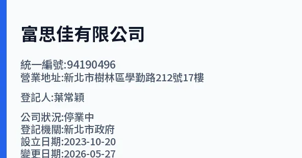 富思佳有限公司的照片-統編 94190496(新北市) 公司登記資料與營業項目詳細圖表