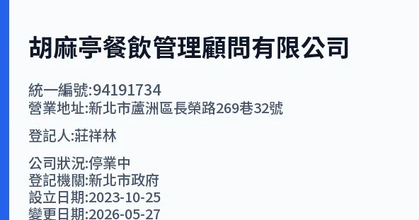 胡麻亭餐飲管理顧問有限公司的照片-統編 94191734(新北市) 公司登記資料與營業項目詳細圖表