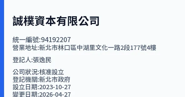誠樸資本有限公司的照片-統編 94192207(新北市) 公司登記資料與營業項目詳細圖表