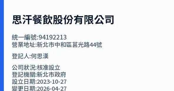 思汗餐飲股份有限公司的照片-統編 94192213(新北市) 公司登記資料與營業項目詳細圖表