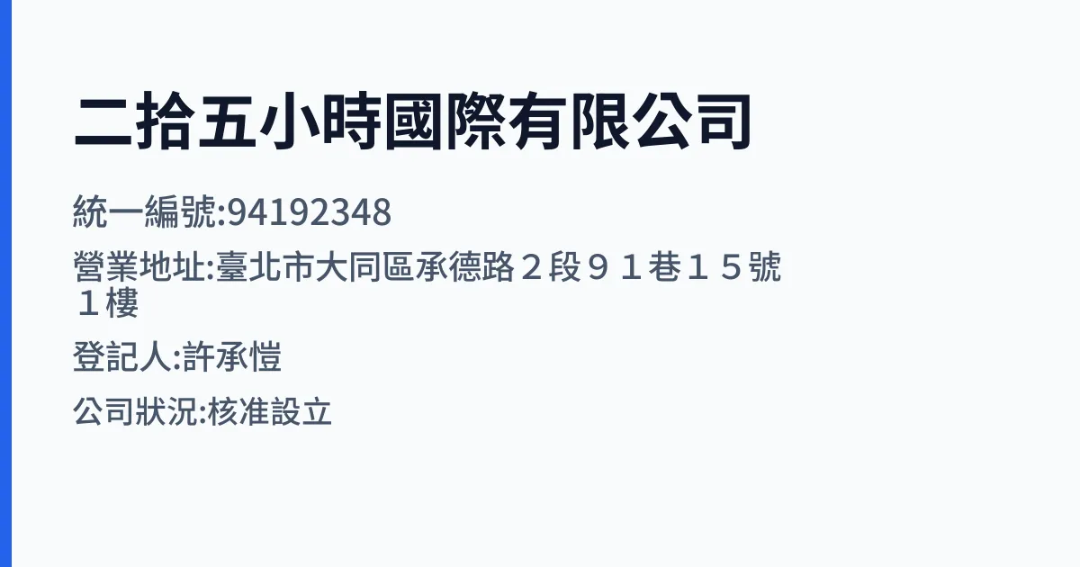 二拾五小時國際有限公司 - 統編 94192348(臺北市) 公司登記資料與營業項目詳細圖表