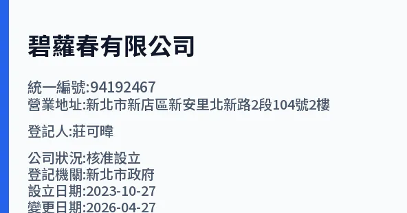 碧蘿春有限公司的照片-統編 94192467(新北市) 公司登記資料與營業項目詳細圖表