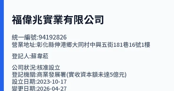 福偉兆實業有限公司的照片-統編 94192826(彰化縣) 公司登記資料與營業項目詳細圖表