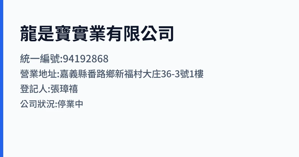龍是寶實業有限公司 - 統編 94192868(嘉義縣) 公司登記資料與營業項目詳細圖表