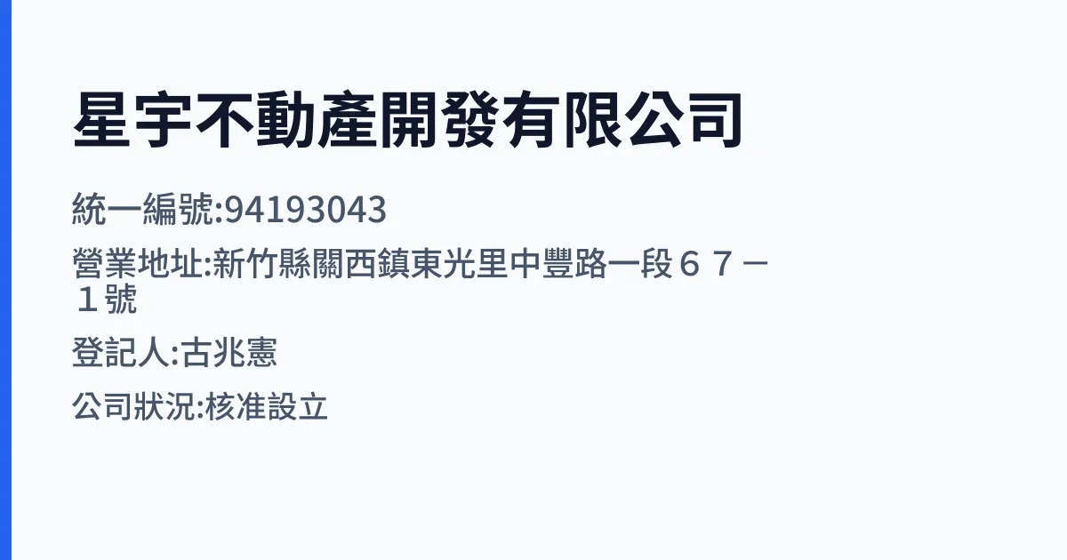 星宇不動產開發有限公司 - 統編 94193043(新竹縣) 公司登記資料與營業項目詳細圖表