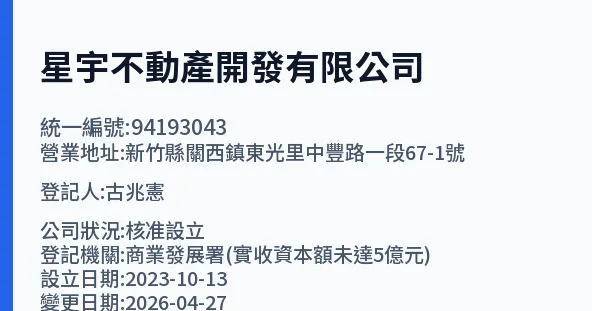 星宇不動產開發有限公司的照片-統編 94193043(新竹縣) 公司登記資料與營業項目詳細圖表