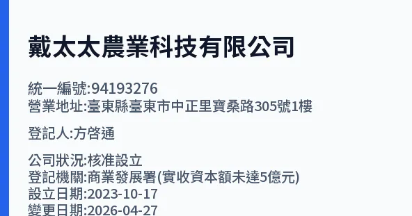 戴太太農業科技有限公司的照片-統編 94193276(臺東縣) 公司登記資料與營業項目詳細圖表