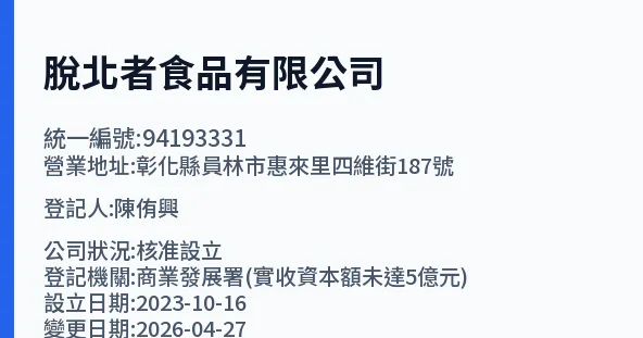 脫北者食品有限公司的照片-統編 94193331(彰化縣) 公司登記資料與營業項目詳細圖表