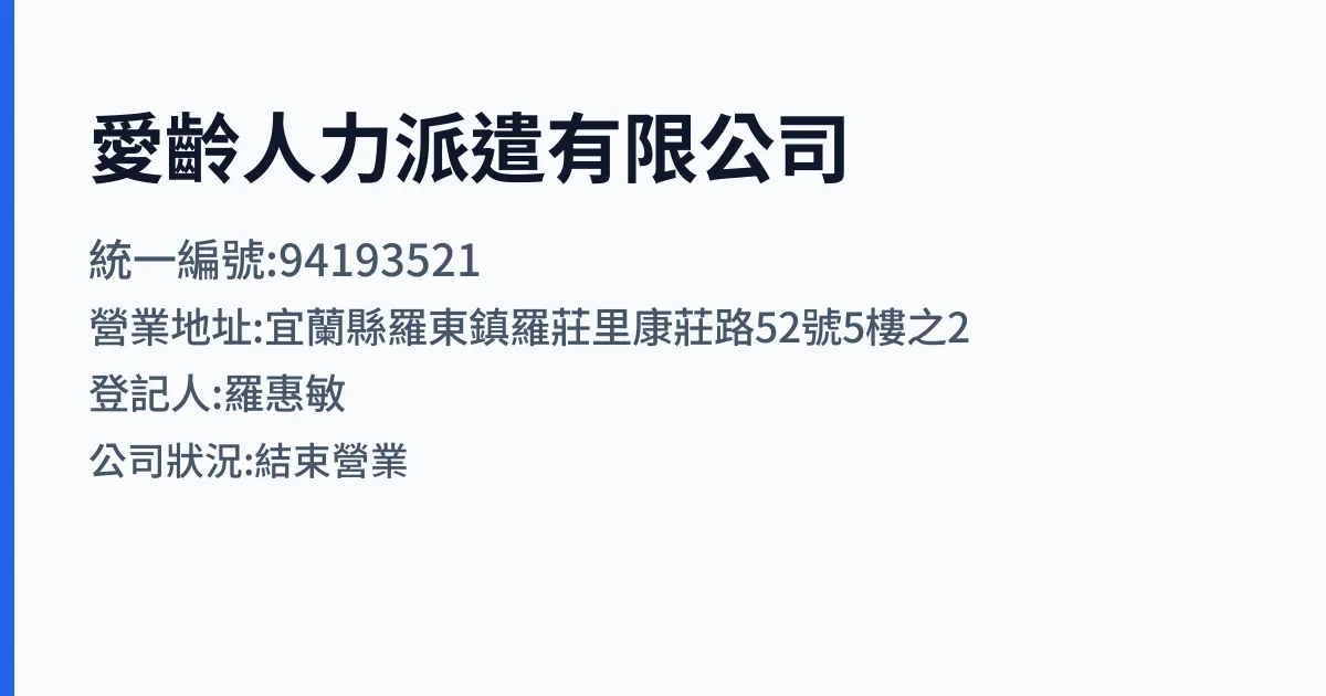 愛齡人力派遣有限公司 - 統編 94193521(宜蘭縣) 公司登記資料與營業項目詳細圖表